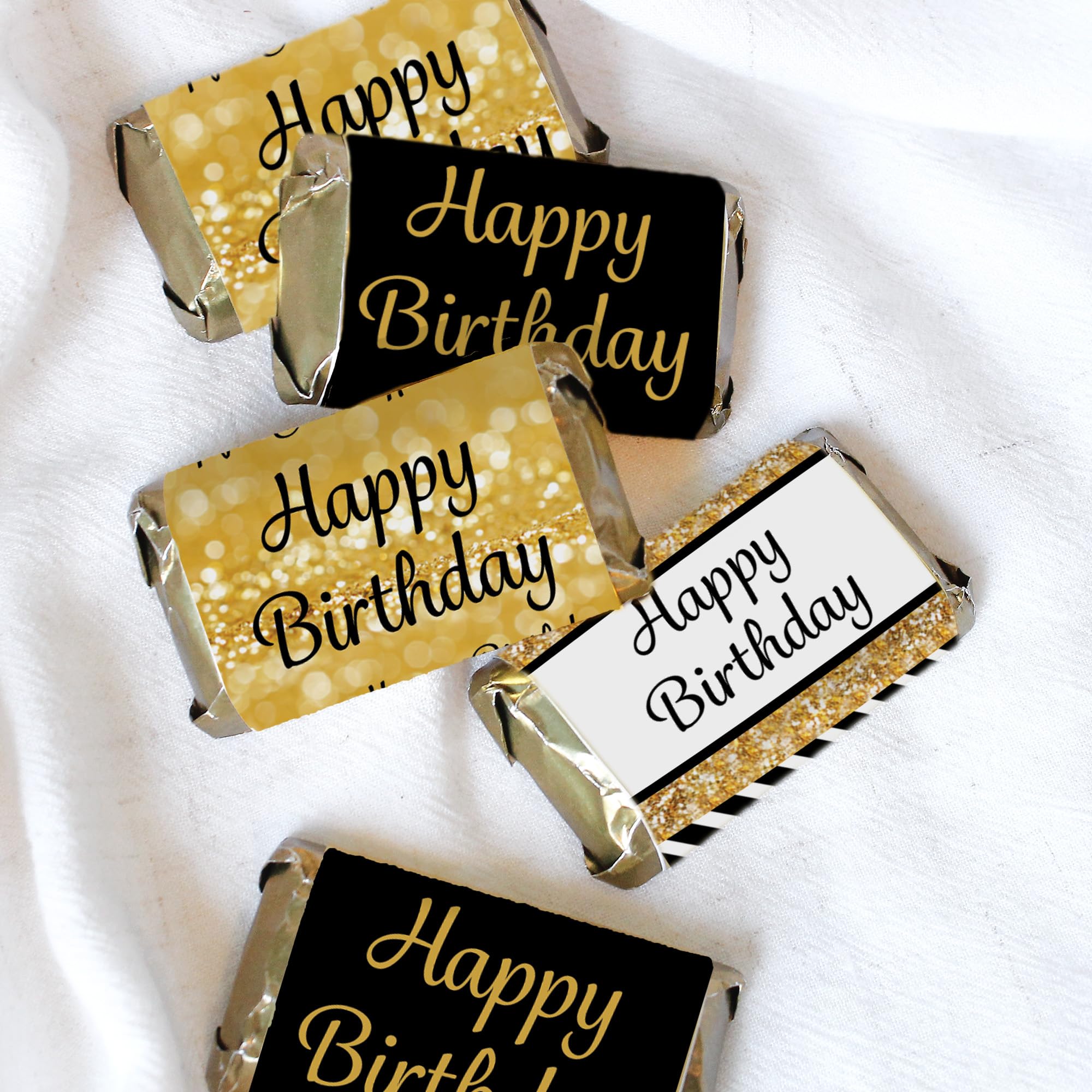 Happy Birthday Party Miniatures Candy Bar Wrapper Stickers - Gold and Black - 45 Count