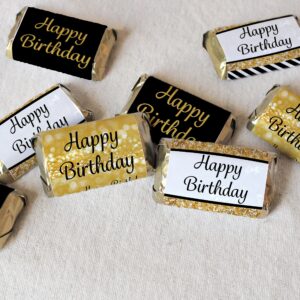 Happy Birthday Party Miniatures Candy Bar Wrapper Stickers - Gold and Black - 45 Count