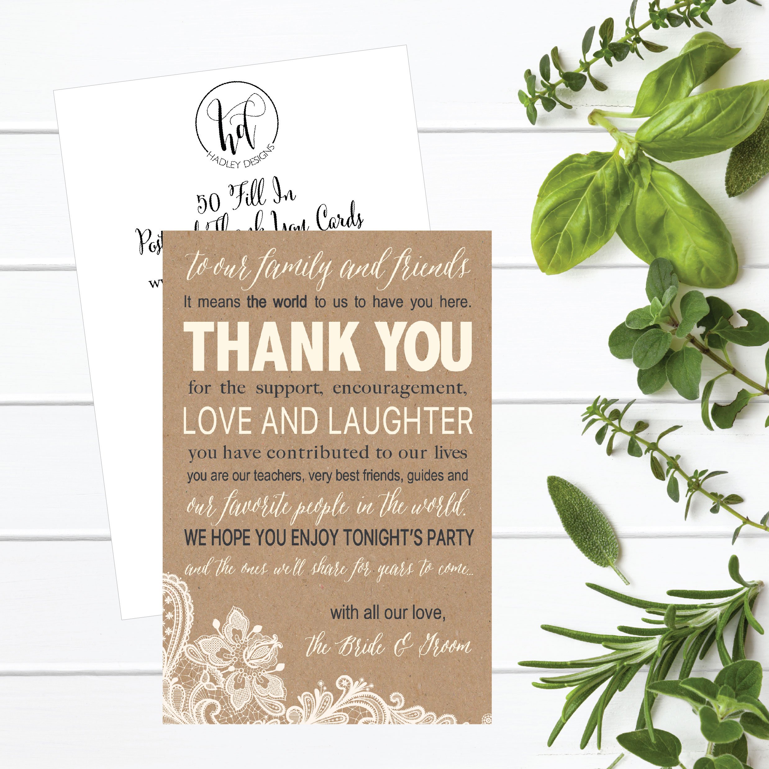 Hadley Designs 50 Wedding Kraft Thank You Place Cards, Rehearsal Dinner Thank You Table Sign, Menu Place Setting Card Notes, Placement Thank You Note Favors For Family & Guests