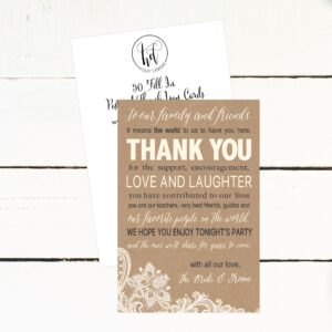 Hadley Designs 50 Wedding Kraft Thank You Place Cards, Rehearsal Dinner Thank You Table Sign, Menu Place Setting Card Notes, Placement Thank You Note Favors For Family & Guests