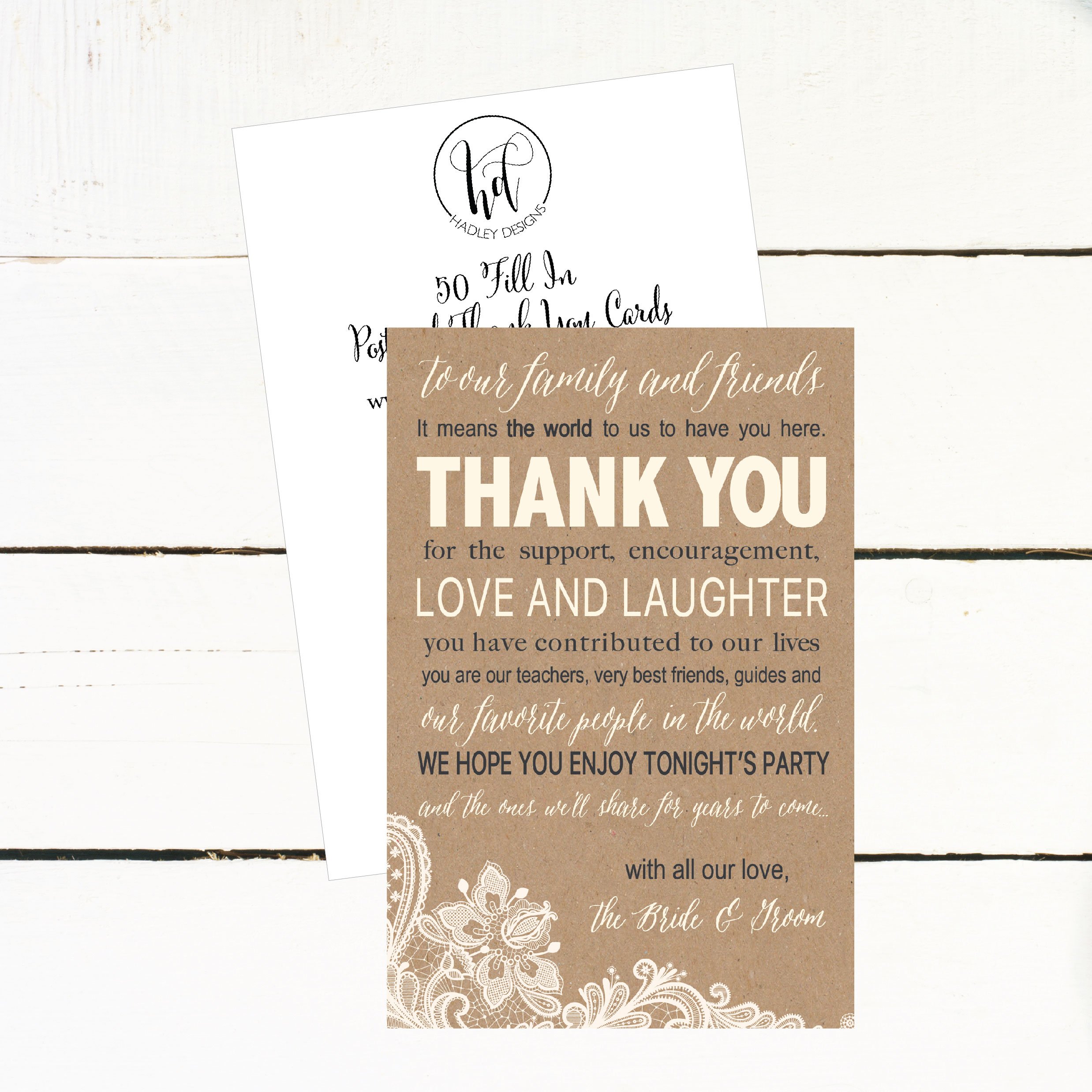 Hadley Designs 50 Wedding Kraft Thank You Place Cards, Rehearsal Dinner Thank You Table Sign, Menu Place Setting Card Notes, Placement Thank You Note Favors For Family & Guests