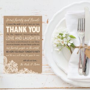 Hadley Designs 50 Wedding Kraft Thank You Place Cards, Rehearsal Dinner Thank You Table Sign, Menu Place Setting Card Notes, Placement Thank You Note Favors For Family & Guests