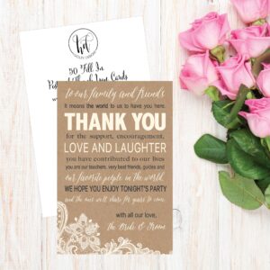 Hadley Designs 50 Wedding Kraft Thank You Place Cards, Rehearsal Dinner Thank You Table Sign, Menu Place Setting Card Notes, Placement Thank You Note Favors For Family & Guests