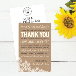 Hadley Designs 50 Wedding Kraft Thank You Place Cards, Rehearsal Dinner Thank You Table Sign, Menu Place Setting Card Notes, Placement Thank You Note Favors For Family & Guests