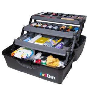 artbin 3-tray art supply box versatile organizer for brushes, paints, stamps, and more - durable hard plastic, secure closure, portable with top trays and dividers