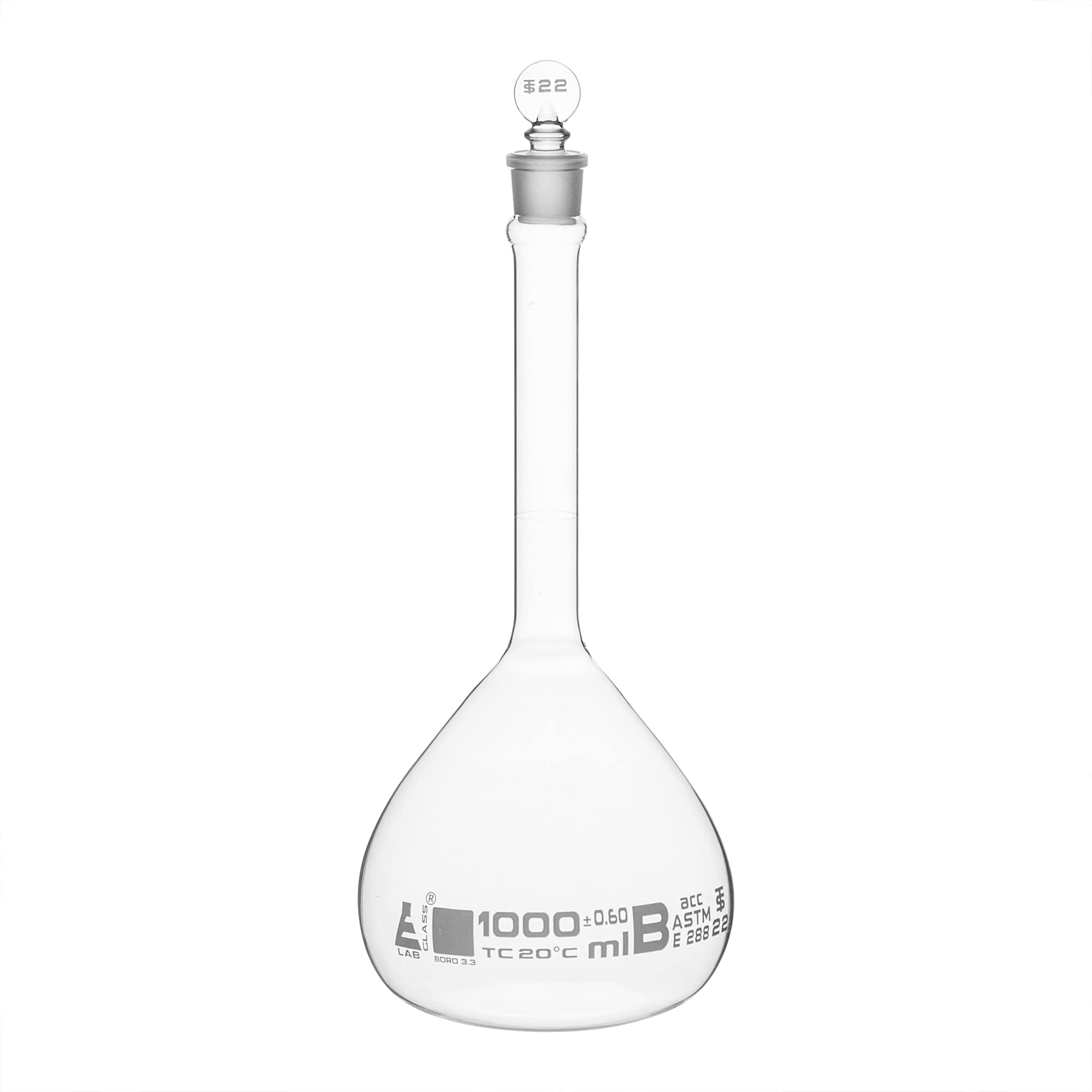 EISCO Volumetric Flask, 1000ml - Class A, ASTM - Tolerance ±0.300 ml - Glass Stopper - Single, White Graduation