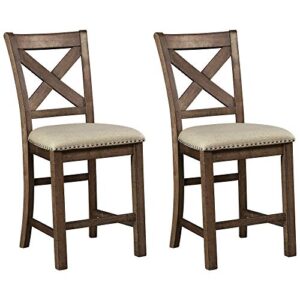 signature design by ashley moriville rustic farmhouse 24.5" upholstered barstool, 2 count, beige & brown