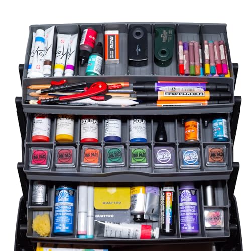 ArtBin 3-Tray Art Supply Box Versatile Organizer for Brushes, Paints, Stamps, and More - Durable Hard Plastic, Secure Closure, Portable with Top Trays and Dividers