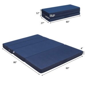 Giantex 4" Thick Folding Portable Mattress Pad Sofa Bed with No Carrying Handles and Removable Washable Fabric, High-Density Foam Futon Sleepover Guest Easy to Store (Queen, Blue)