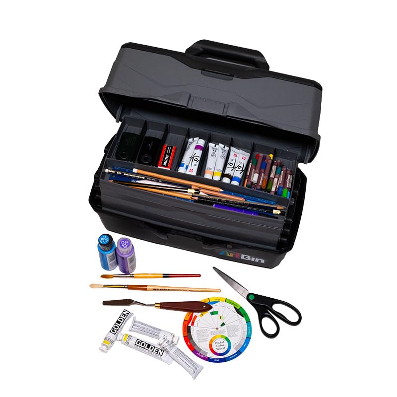 ArtBin 3-Tray Art Supply Box Versatile Organizer for Brushes, Paints, Stamps, and More - Durable Hard Plastic, Secure Closure, Portable with Top Trays and Dividers