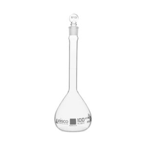 eisco volumetric flask, 100ml - class a, astm - tolerance ±0.100 ml - glass stopper - single, blue graduation