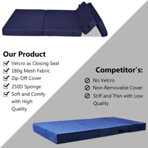 Giantex 4" Thick Folding Portable Mattress Pad Sofa Bed with No Carrying Handles and Removable Washable Fabric, High-Density Foam Futon Sleepover Guest Easy to Store (Queen, Blue)