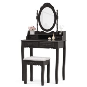 mecor vanity table set/oval mirror,wood makeup table w/4 drawer storage,bedroom dressing table with cushioned stool for girls women black