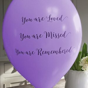 angel & dove 25 purple 'you are loved, missed, remembered' biodegradable funeral remembrance balloons - for memory table, memorial, condolence, celebration of life