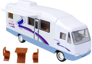 haptime cool mini motorhome toy die-cast car pullback recreational vehicle pull back rv with diy furnitures holiday camper van model for kids children gift 7.6 inch (white)