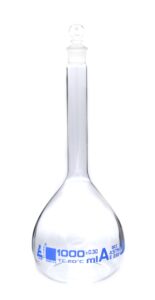 eisco volumetric flask, 1000ml - class a, astm - tolerance ±0.300 ml - glass stopper - single, blue graduation