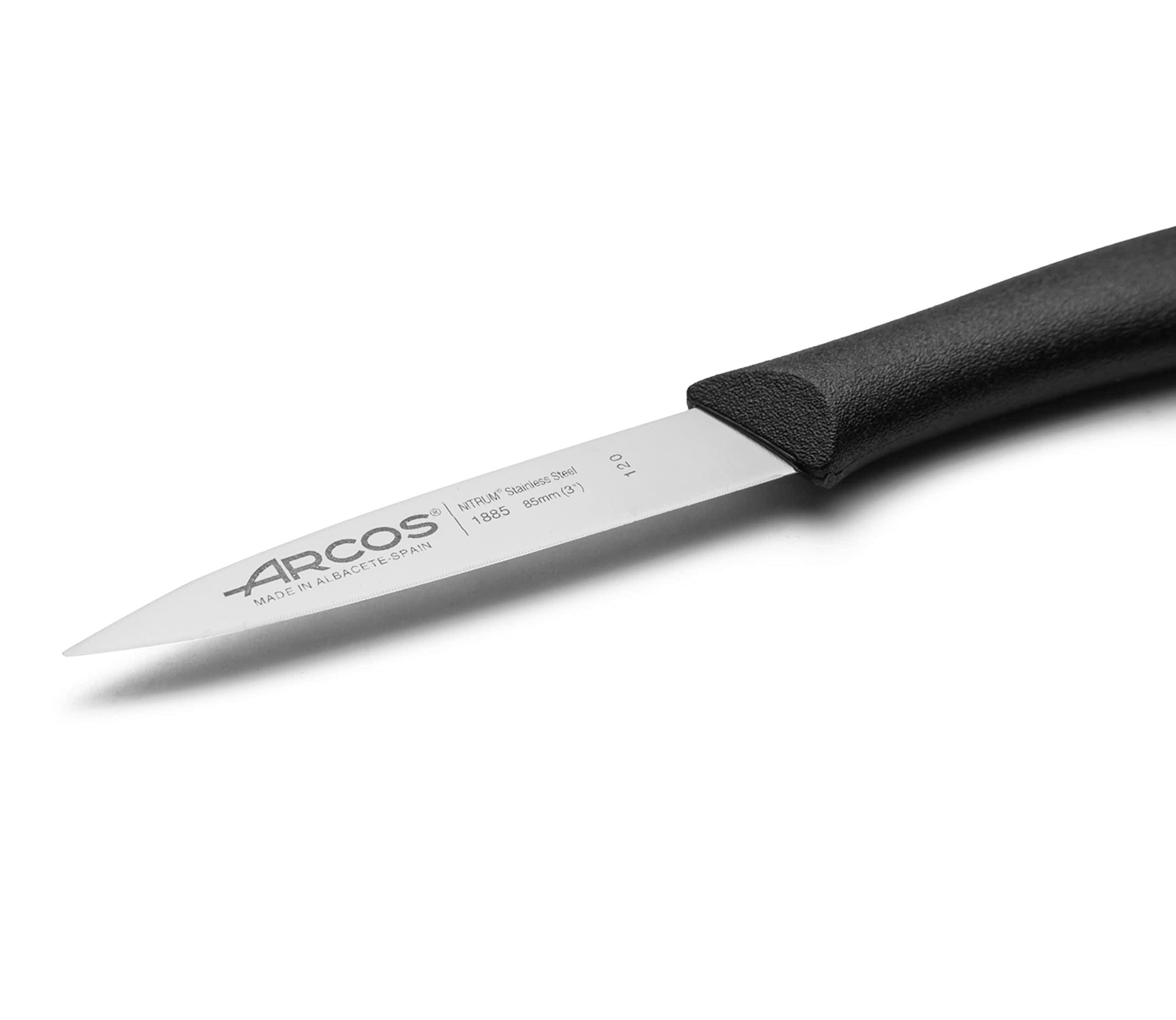 ARCOS Paring Knife 3 Inch Stainless Steel. Professional Kitchen Knife for Cut, Peel and Clean Food. Ergonomic Polyoxymethylene Handle and 85mm Blade. Series Nova. Color Black