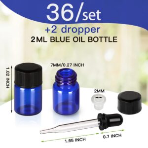 Teenitor Essential Oils Sample Bottles, 36 Pcs 2 ml (5/8 Dram) Cobalt Blue Oil Bottles For Essential oils, Amber Glass Vials With 2 Free Glass Transfer Eye droppers