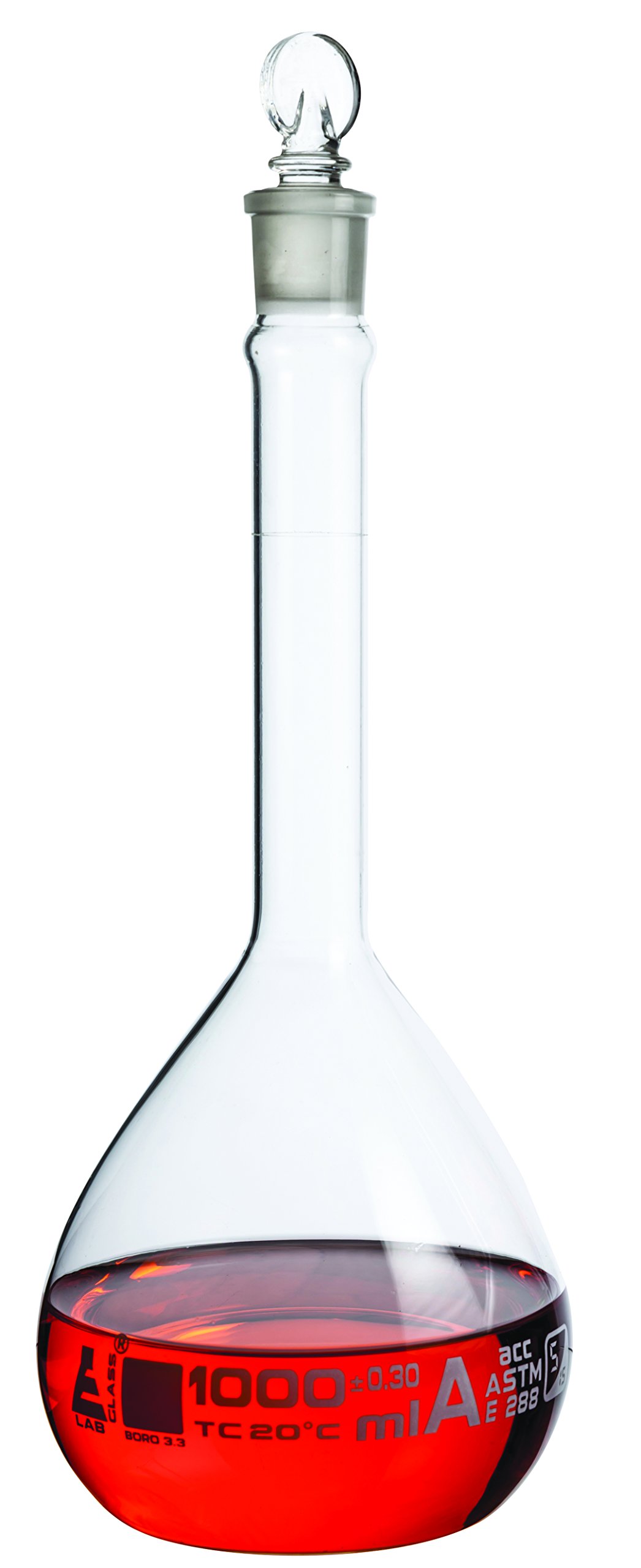 EISCO Volumetric Flask, 1000ml - Class A, ASTM - Tolerance ±0.300 ml - Glass Stopper - Single, White Graduation