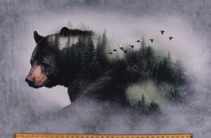 27.5" x 44" panel black bear pine trees geese goose woods forest snow conifers realistic wildlife animals scenic landscape nature call of the wild digital cotton fabric panel (p4356-44-forest)