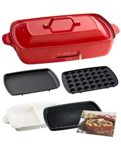 bruno hot plate grande size + ceramic coat partition pot + grande for the grill plate + grande recipe book 4-piece set red