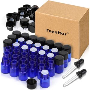 teenitor essential oils sample bottles, 36 pcs 2 ml (5/8 dram) cobalt blue oil bottles for essential oils, amber glass vials with 2 free glass transfer eye droppers