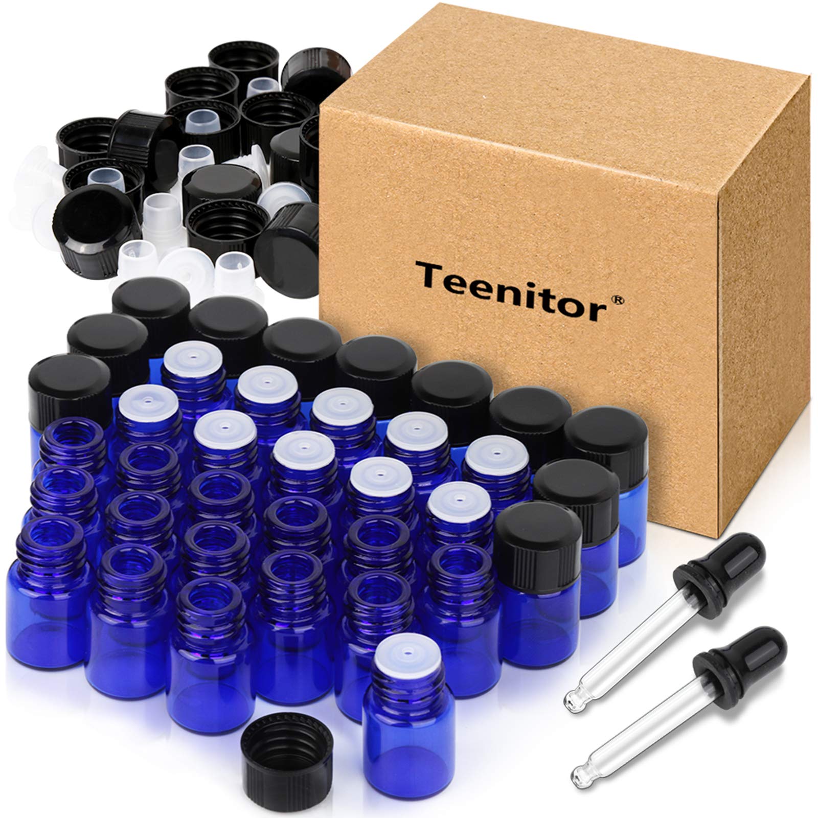 Teenitor Essential Oils Sample Bottles, 36 Pcs 2 ml (5/8 Dram) Cobalt Blue Oil Bottles For Essential oils, Amber Glass Vials With 2 Free Glass Transfer Eye droppers