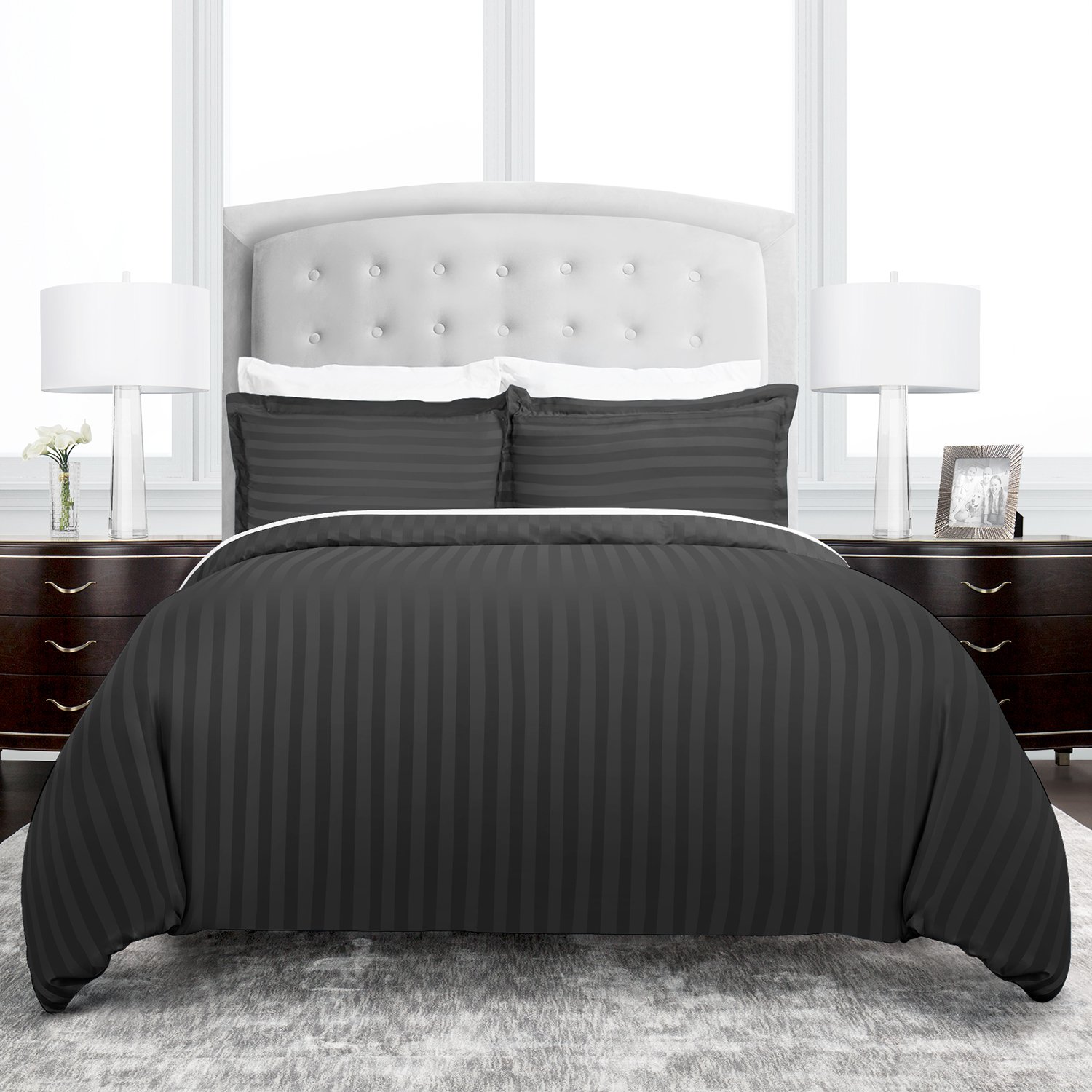 Beckham Hotel Collection Dobby Striped Duvet Cover Set - Luxury Soft Brushed Microfiber with Matching Shams - Twin/TwinXL - Gray