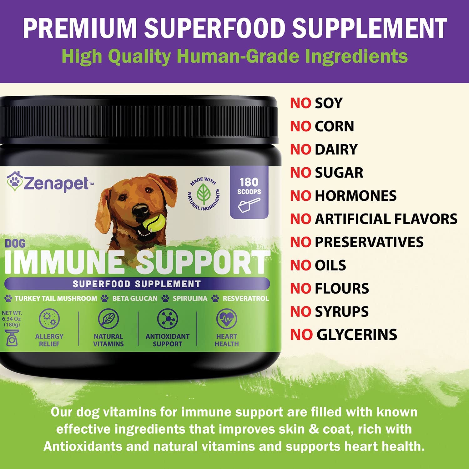 ZENAPET Allergy Immune Support Supplement for Dogs, Superfood 100% Human-Grade with Turkey Tail Mushroom, Prebiotics for Gut Health, Itchy Skin, Seasonal Allergies & Yeast - for Small to Large Breeds