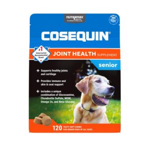 nutramax cosequin senior joint health supplement for senior dogs - with glucosamine, chondroitin, omega-3 for skin and coat health and beta glucans for immune support, 120 soft chews