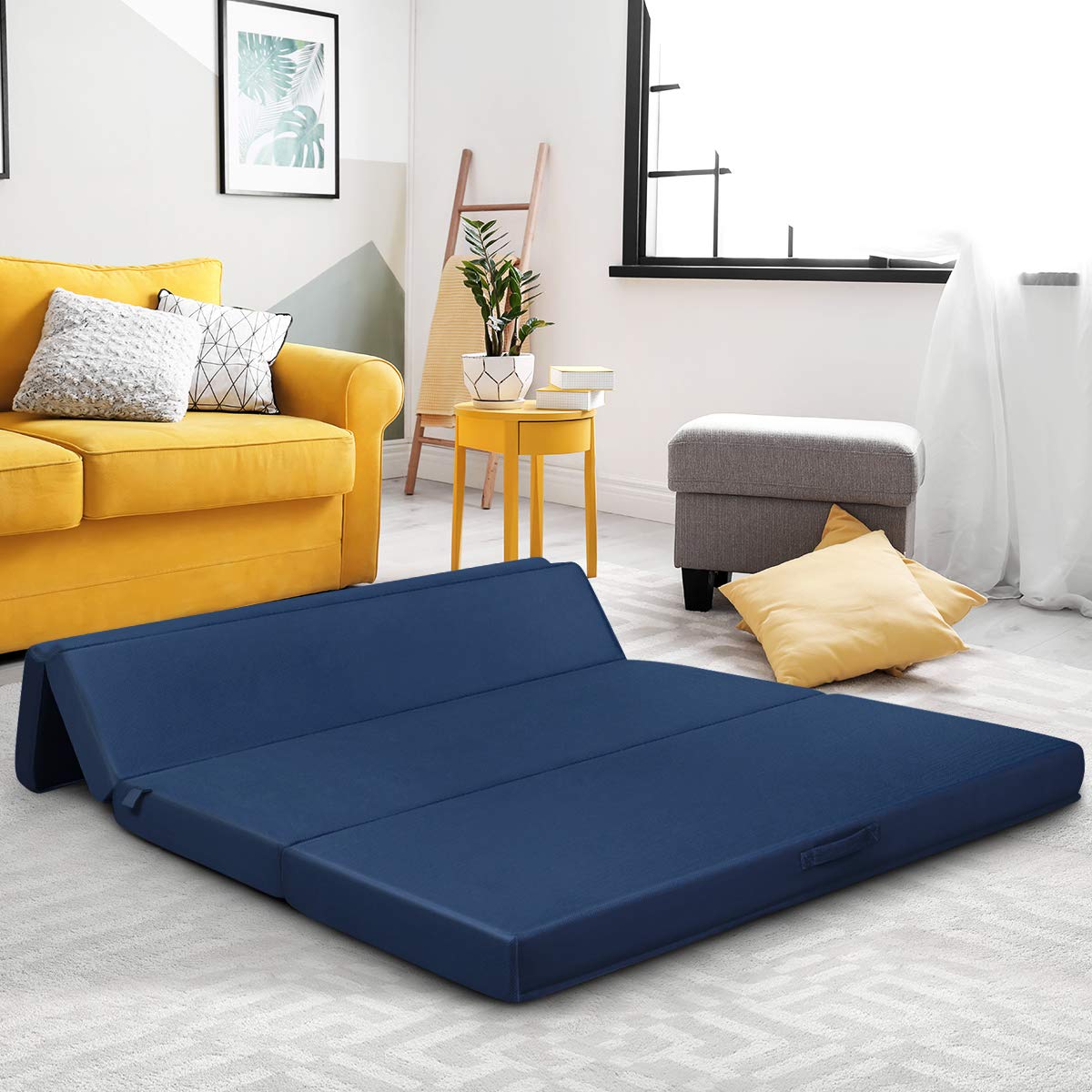 Giantex 4" Thick Folding Portable Mattress Pad Sofa Bed with No Carrying Handles and Removable Washable Fabric, High-Density Foam Futon Sleepover Guest Easy to Store (Queen, Blue)