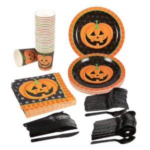 juvale 144-piece halloween plates and napkins party supplies with pumpkin cups and cutlery, fun themed halloween party supplies set for celebrations with friends and family (serves 24)