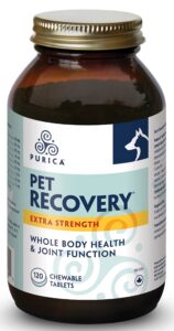 purica recovery extra strength dog supplement - supports hip and joint health for all breeds - contains nutricol, hyaluronic acid, egcg, resveratrol - aims to enhance canine endurance and flexibility