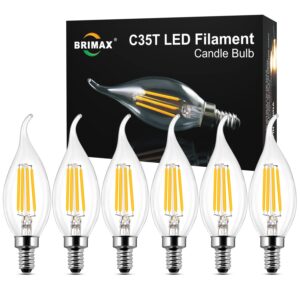 brimax dimmable e12 led chandelier light bulbs, 4w to replace 25w/40w candelabra base bulb, 2700k soft warm white, c35t small base vintage type b light bulb, flame tip, for indoor and outdoor, 6 pack