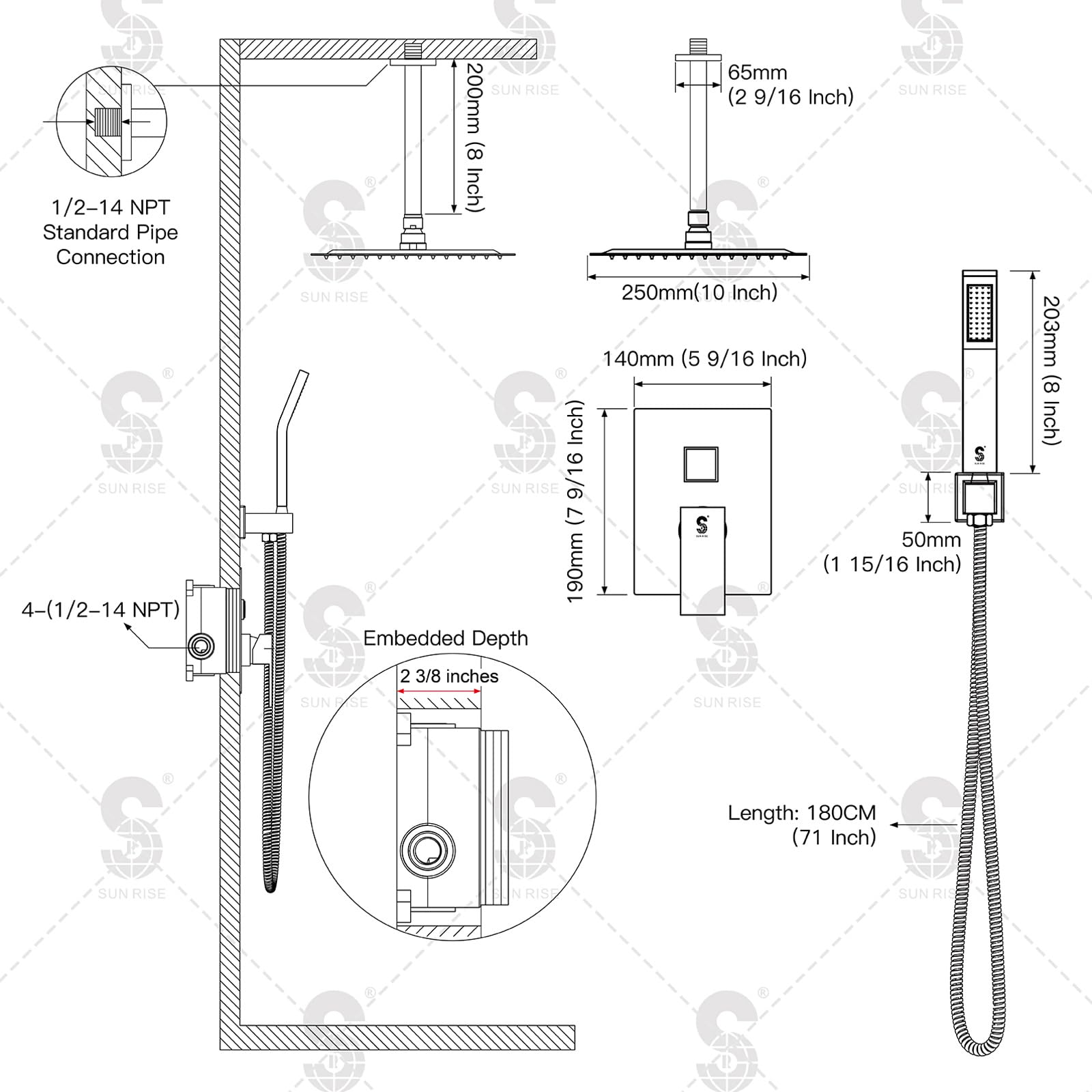 SR SUN RISE SRSH-C1003 Ceiling Mount Bathroom Luxury Rain Mixer Shower Combo Set Rainfall Shower Head System 10 Inch Polished Chrome (Contain Shower Faucet Rough-In Valve Body and Trim）