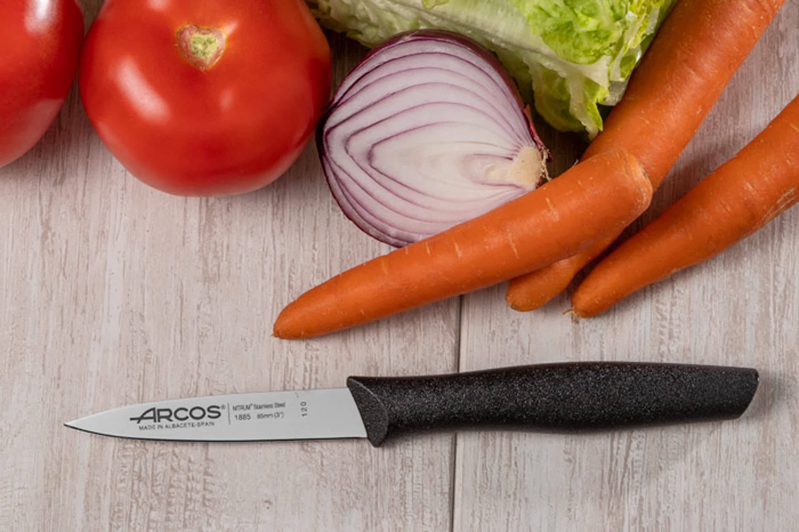 ARCOS Paring Knife 3 Inch Stainless Steel. Professional Kitchen Knife for Cut, Peel and Clean Food. Ergonomic Polyoxymethylene Handle and 85mm Blade. Series Nova. Color Black