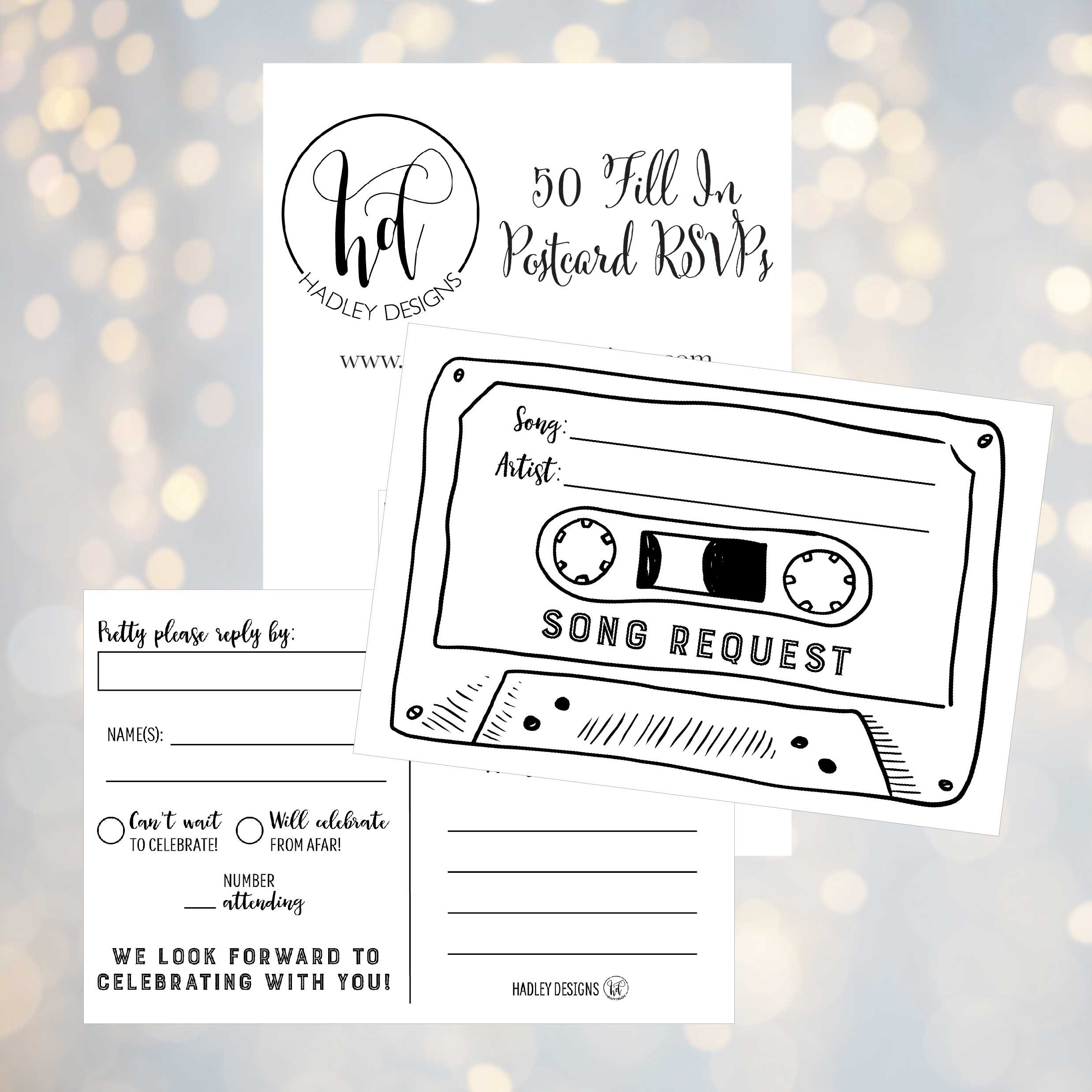 50 Song Request Cassette Tape Generic RSVP Cards, RSVP Postcards No Envelopes Needed, Response Card, RSVP Reply, Plain RSVP kit for Wedding, Baby Bridal Shower, Birthday, Invitations