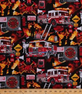 cotton firefighters firemen fire engines trucks dalmatians dogs fire department emblem equipment flames heroes rescue cotton fabric print by the yard (fire-c5501)