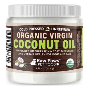 raw paws organic virgin coconut oil for dogs & cats, 4-oz - supports immune system, digestion, oral health, thyroid - all natural allergy relief for dogs - hairball relief