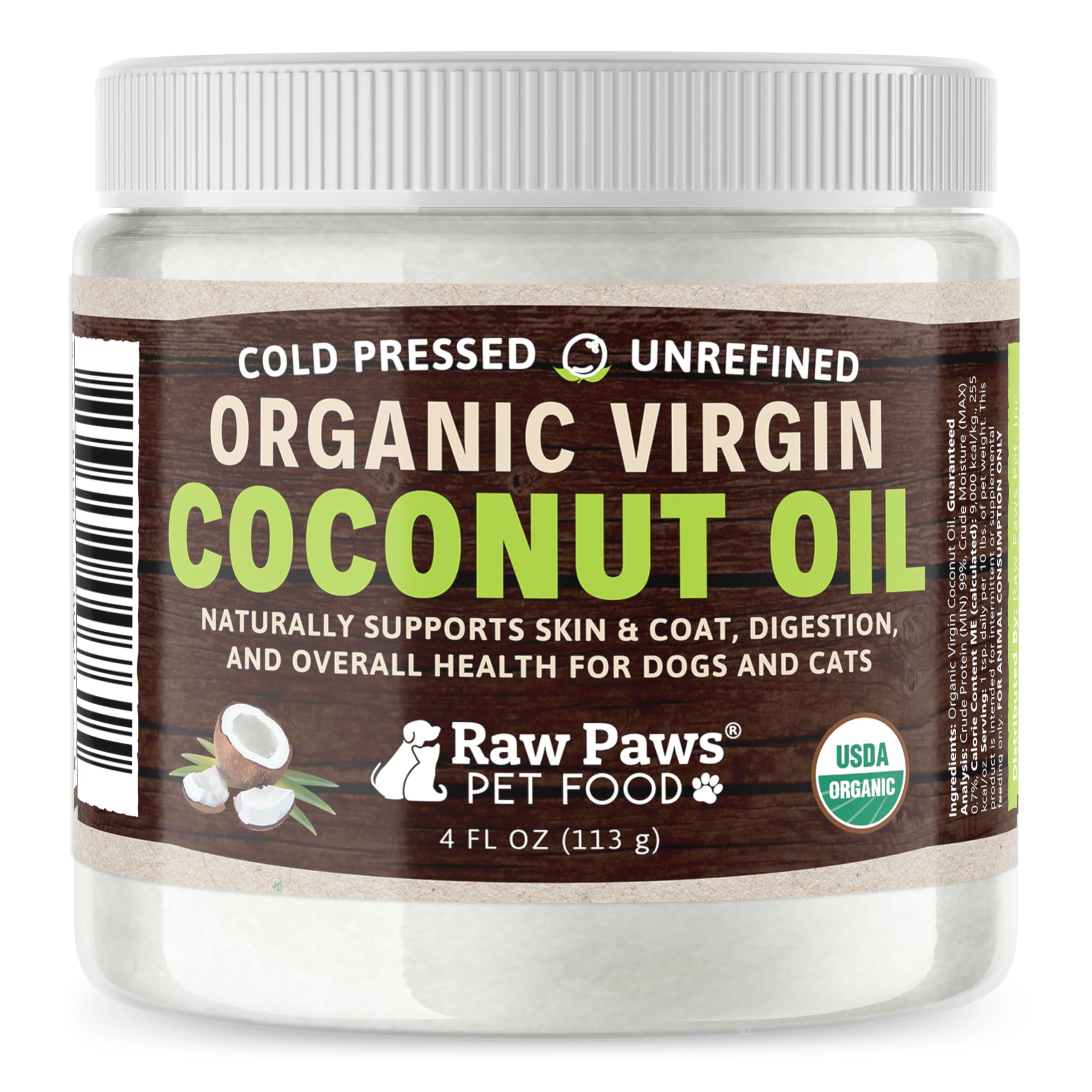 Raw Paws Organic Virgin Coconut Oil for Dogs & Cats, 4-oz - Supports Immune System, Digestion, Oral Health, Thyroid - All Natural Allergy Relief for Dogs - Hairball Relief