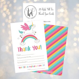 Hadley Designs 25 Unicorn Kids Thank You Cards, Fill In Thank You Notes For Kid, Blank Personalized Thank Yous For Birthday Gifts, Stationery For Children Boys and Girls