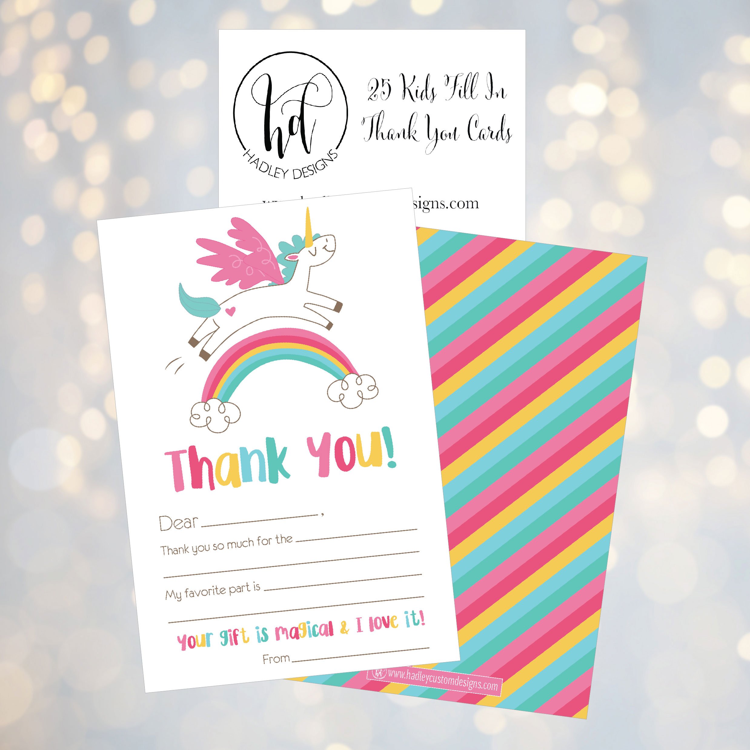 Hadley Designs 25 Unicorn Kids Thank You Cards, Fill In Thank You Notes For Kid, Blank Personalized Thank Yous For Birthday Gifts, Stationery For Children Boys and Girls