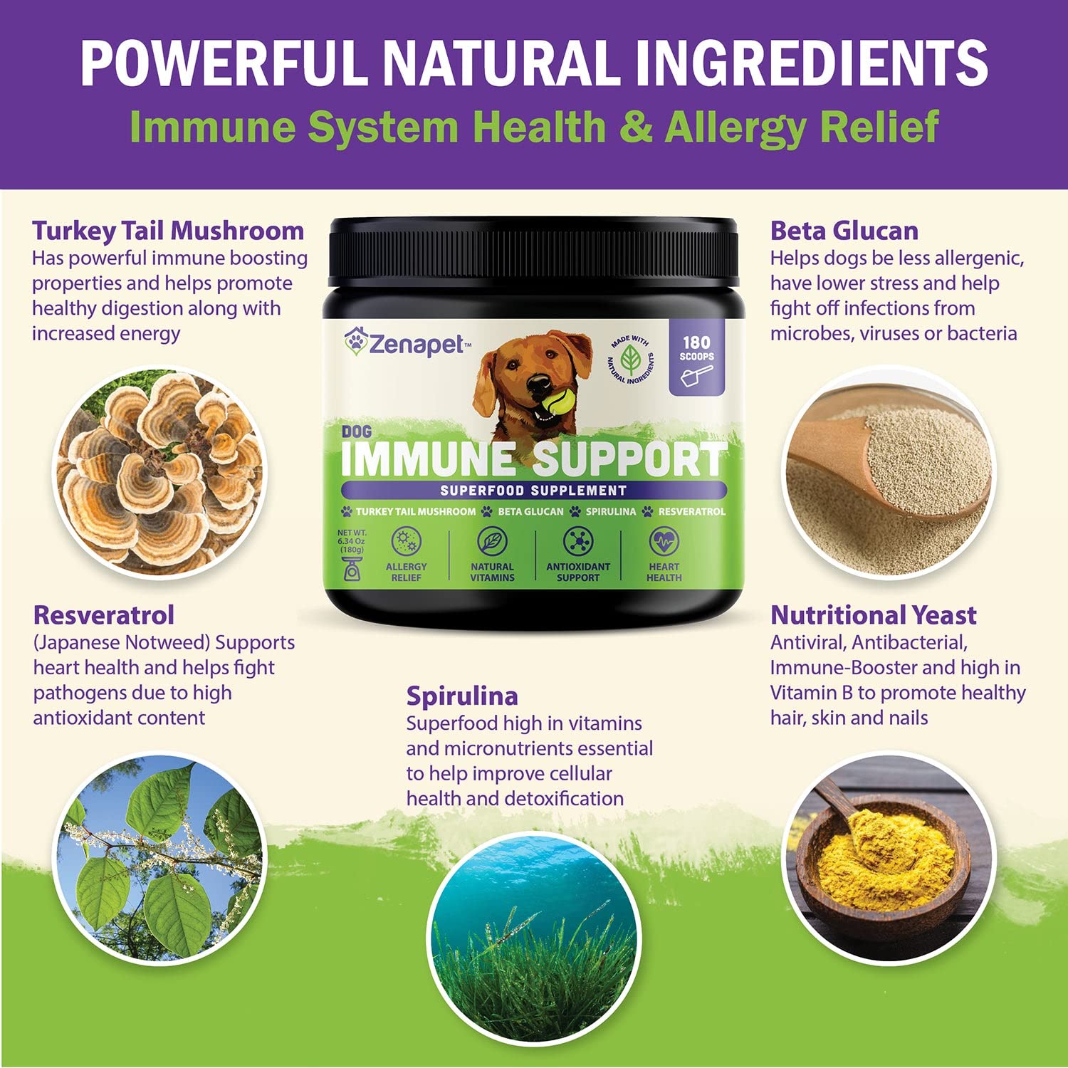 ZENAPET Allergy Immune Support Supplement for Dogs, Superfood 100% Human-Grade with Turkey Tail Mushroom, Prebiotics for Gut Health, Itchy Skin, Seasonal Allergies & Yeast - for Small to Large Breeds