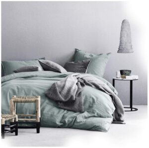 eikei washed cotton chambray duvet cover solid color casual modern style bedding set relaxed soft feel natural wrinkled look (king, eucalyptus mint)