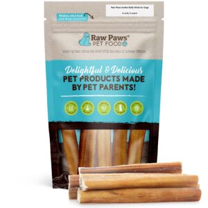 raw paws jumbo bully sticks, 6" (5 pack) - extra thick bully sticks for dogs - no added hormones, free range cows - pizzle sticks for dogs - long lasting bully bones for aggressive chewers