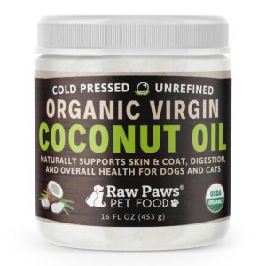 raw paws organic virgin coconut oil for dogs & cats, 16-oz - supports immune system, digestion, oral health, thyroid - all natural allergy relief for dogs - hairball relief