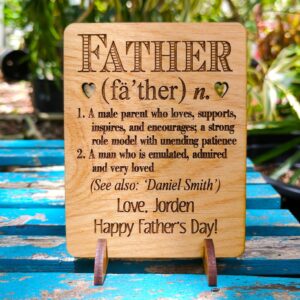 Definition of the Perfect Dad Personalized Fathers Day Card Alder Wood Birthday Gift for 50th 40th 30th Christmas Daddy Cards Funny Bonus Dad Present Idea with Stand