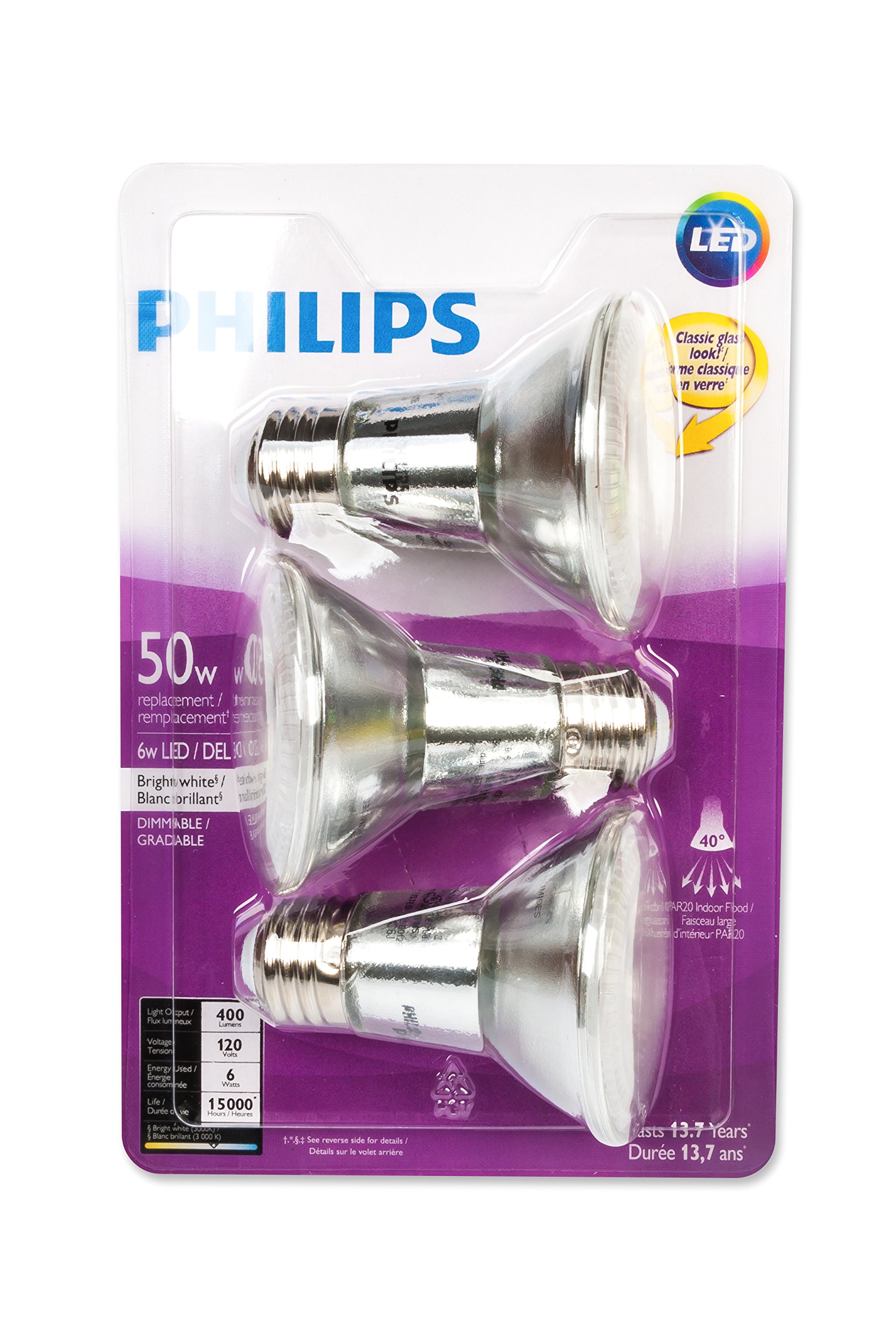 PHILIPS 467647 Led 50W PAR20 Glass Bright White (3000K)-3 Pack