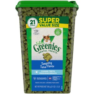 feline greenies natural dental care cat treats tempting tuna flavor, 21 oz. tub