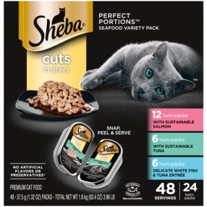 sheba perfect portions cuts in gravy wet cat food trays (24 count, 48 servings), gourmet salmon, sustainable tuna, and delicate whitefish & tuna entrée, easy peel twin-pack trays